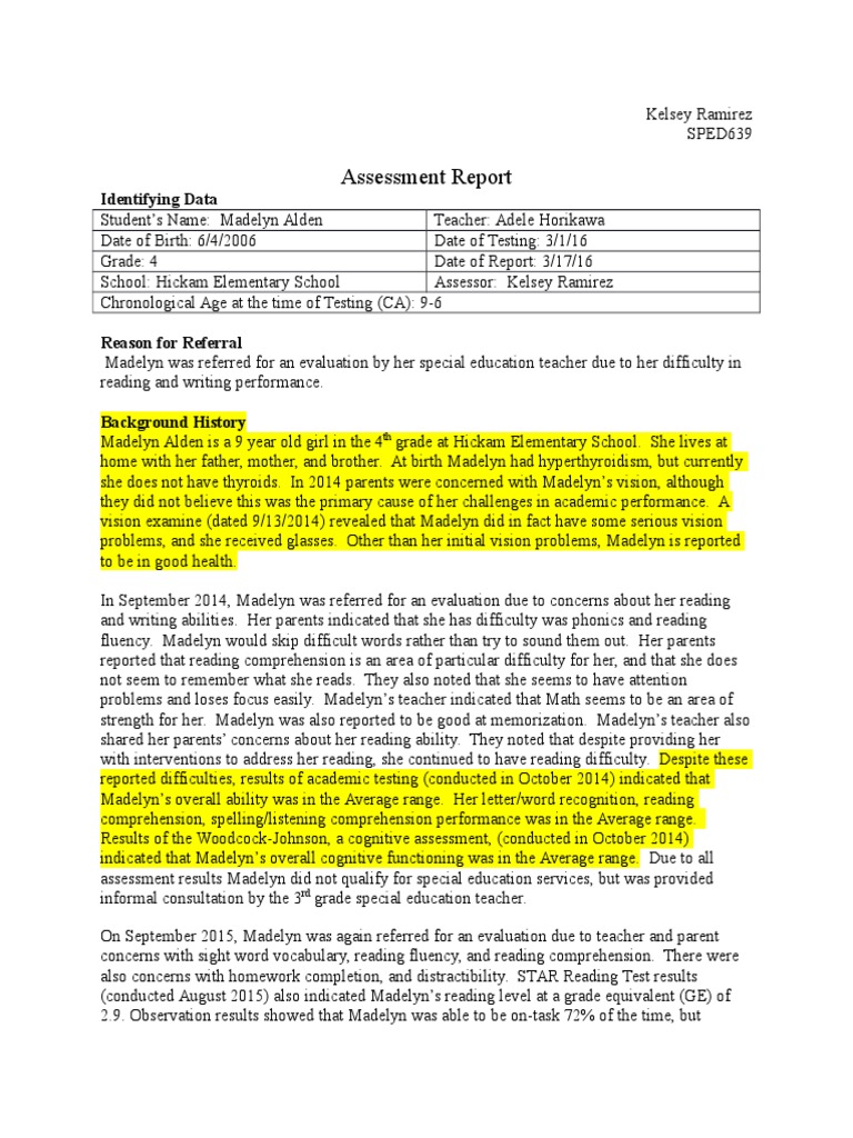 assessment report | Reading (Process) | Reading Comprehension