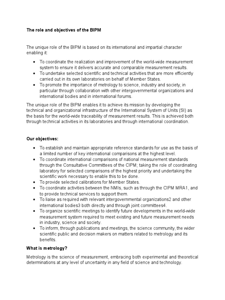 BIPM's Role in Global Metrology | PDF | Metrology | International ...
