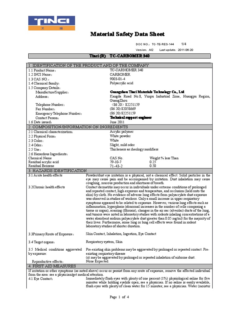 Tc-Carbomer 340 Msds | PDF | Explosive Material | Respiratory System