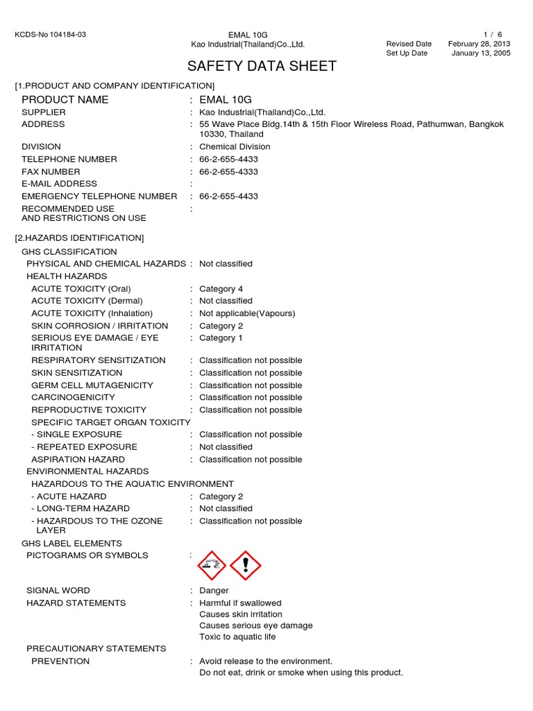 Emal 10G Msds | PDF | Toxicity | Solubility