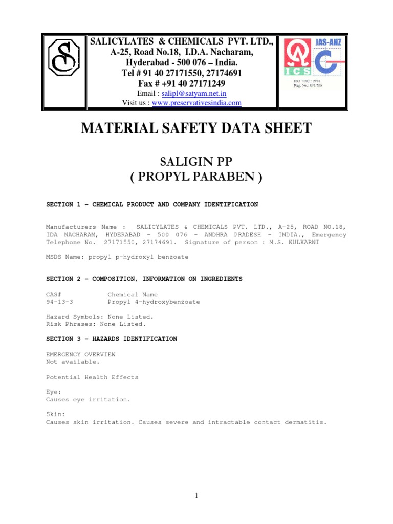 Saligin PP Propyl Paraben Msds | PDF | Dangerous Goods | Personal ...