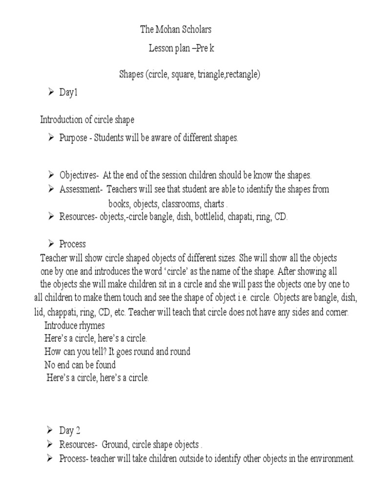 Lesson Plan of Shapesof Pre K 2 | PDF | Shape | Lesson Plan