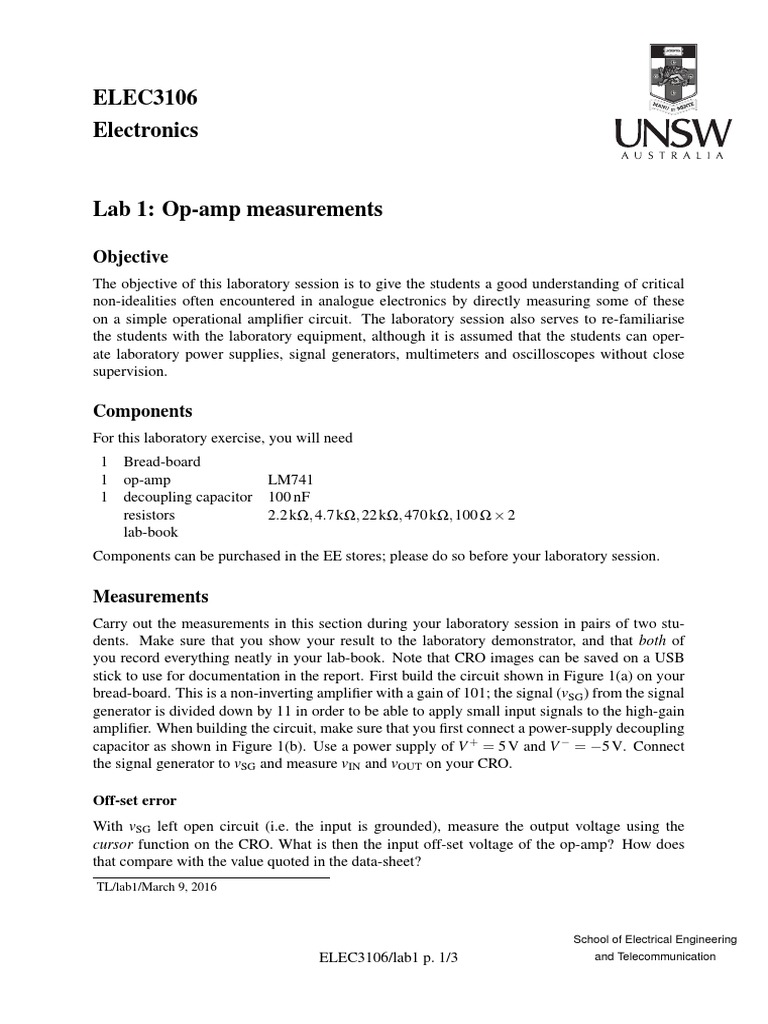 ELEC3106 Lab 1 - Op-Amp Measurements | PDF | Amplifier | Operational ...