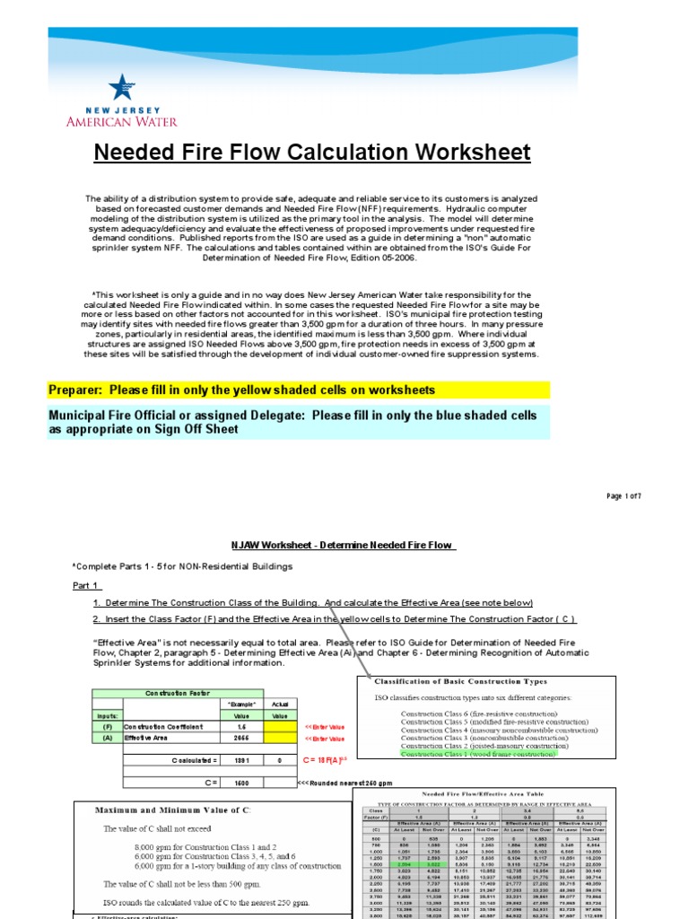 Fire Flow Calculator Worksheet 2011 | Fire Sprinkler System | Technology