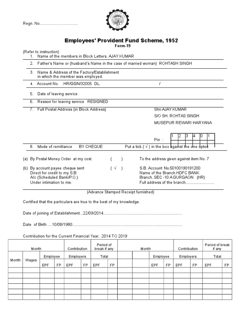Employees' Provident Fund Scheme, 1952: Form-19 | PDF | Cheque ...