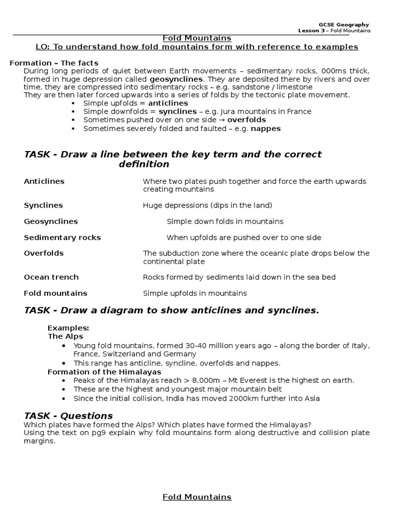 Lesson 3 Fold Mountains Task Sheet | PDF | Mountains | Sedimentary Rock