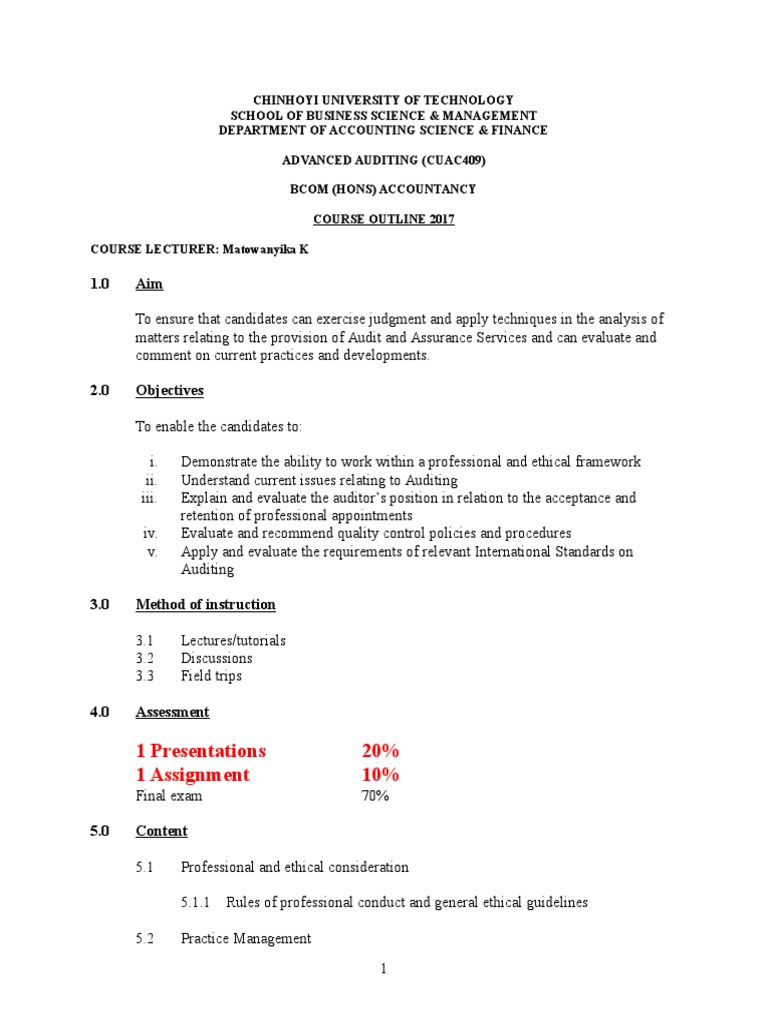 2017 Advanced Audit Course Outline | PDF | Audit | Accounting
