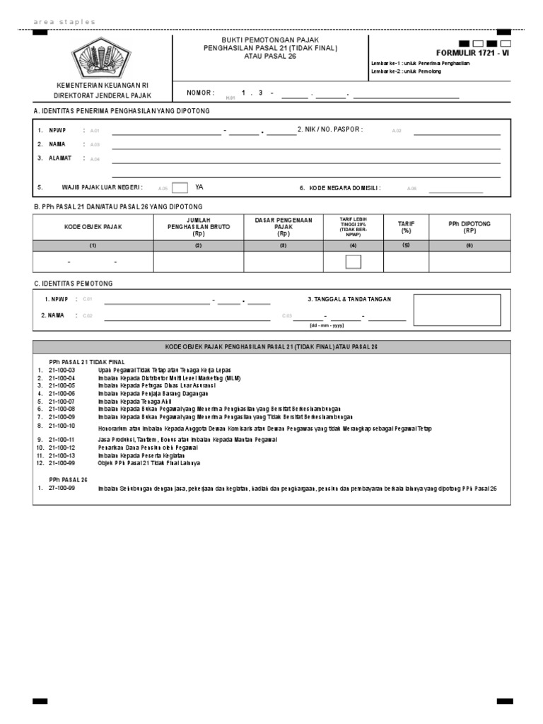 Formulir Pajak 1721-VI: PPh 21/26 | PDF