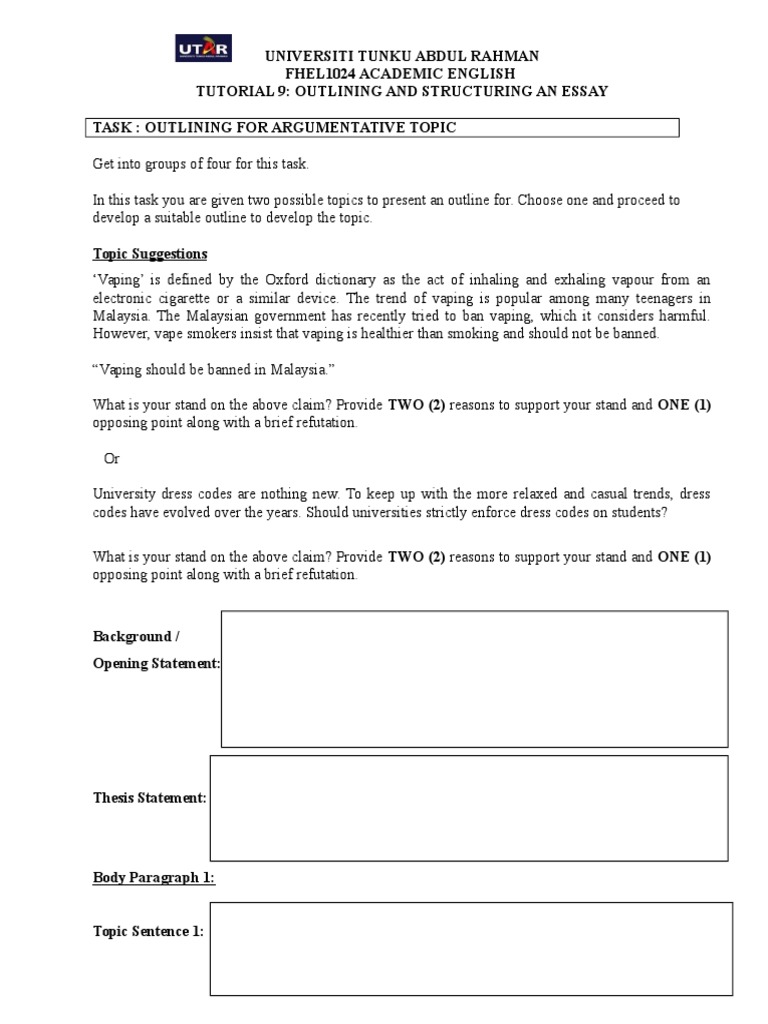 Universiti Tunku Abdul Rahman Fhel1024 Academic English Tutorial 9: Outlining and Structuring An ...