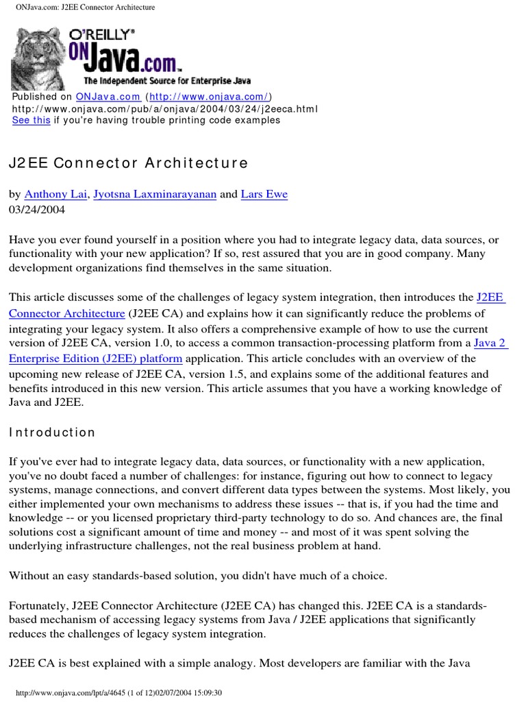 J2EE Connector Architecture | PDF | Enterprise Java Beans | Java Platform