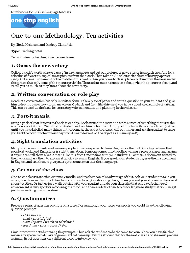 Ten Activities for One-to-One Teaching | PDF | English Language | Cognition