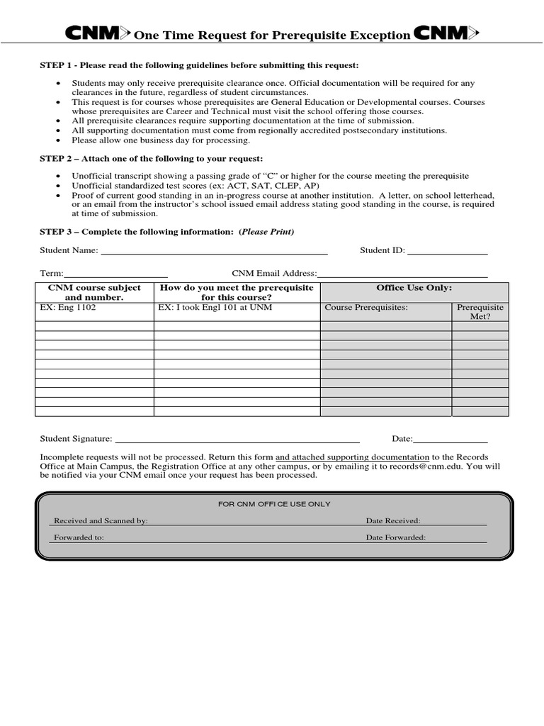 Updated Prereq Request Form Summer 2014 | PDF | Email | Further Education