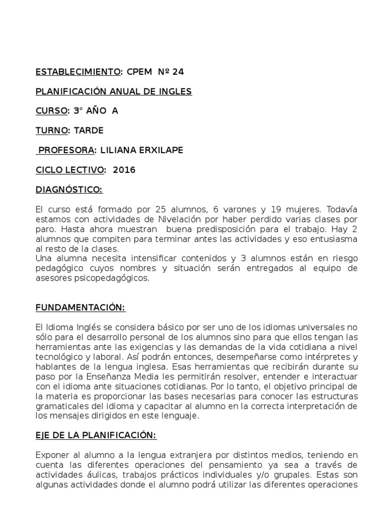 Modelo Planif 3er Año | PDF | Idioma en Inglés | Planificación