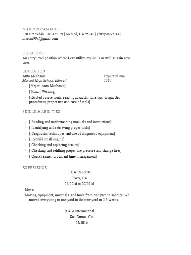 Entry-Level Auto Mechanic Resume | PDF | Career & Growth