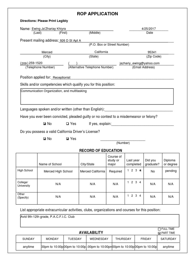 Microsoft Word - Rop Job Application With Availablity Front-For ...