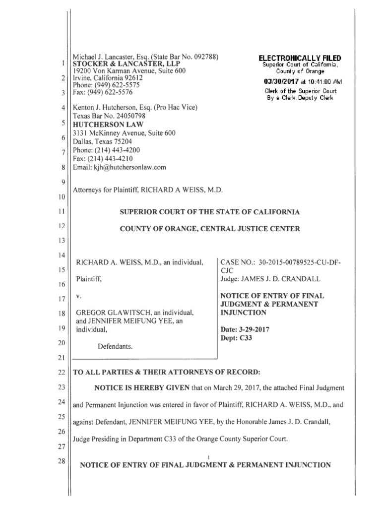 Ricard A Weiss v. Glawitsch and Yee - Notice of Entry of Final Judgment ...