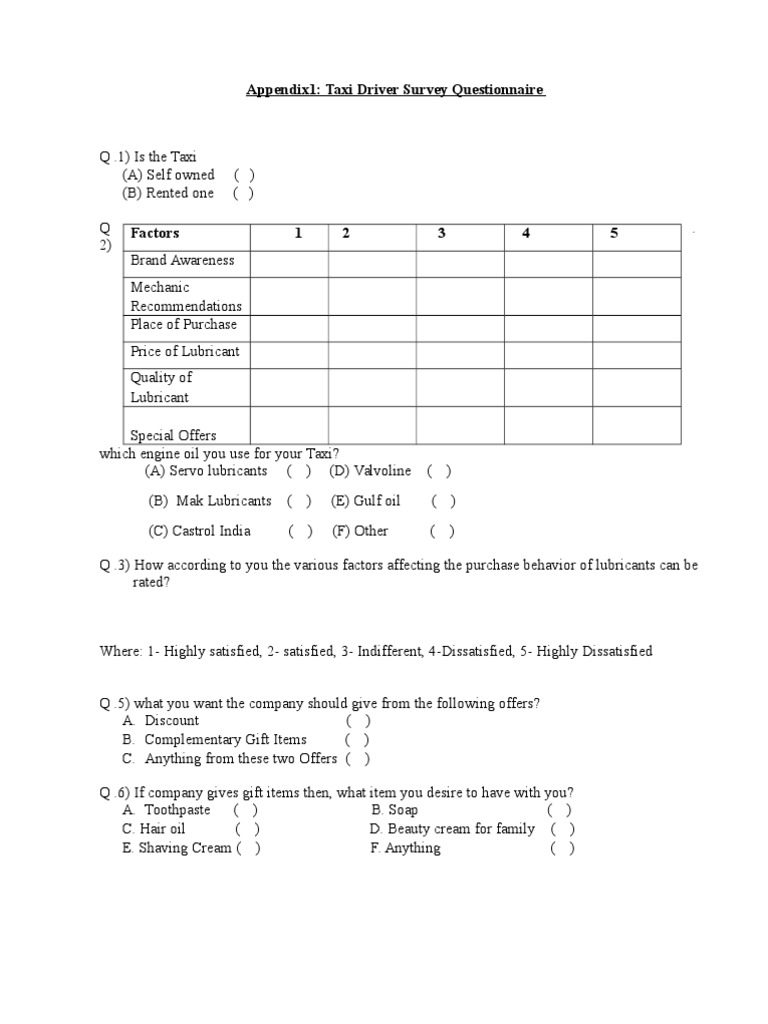 Questionnaire Main | PDF | Lubricant | Prices