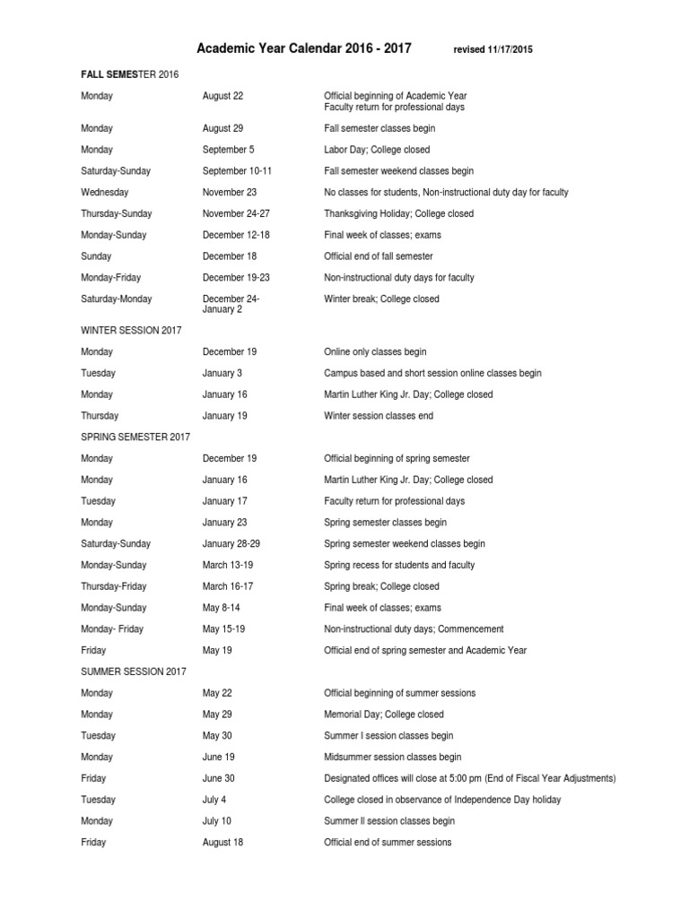 Syracuse University Academic Calendar 2016-17 | PDF | Academic Term ...