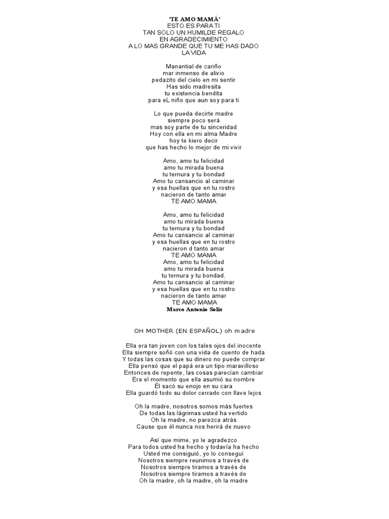 Te Amo Mamá Canciones Del Dia De La Madre Pdf
