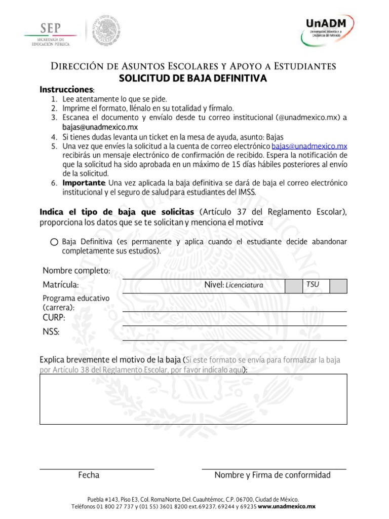 Formato Solicitud de Baja Definitiva 2017 | PDF