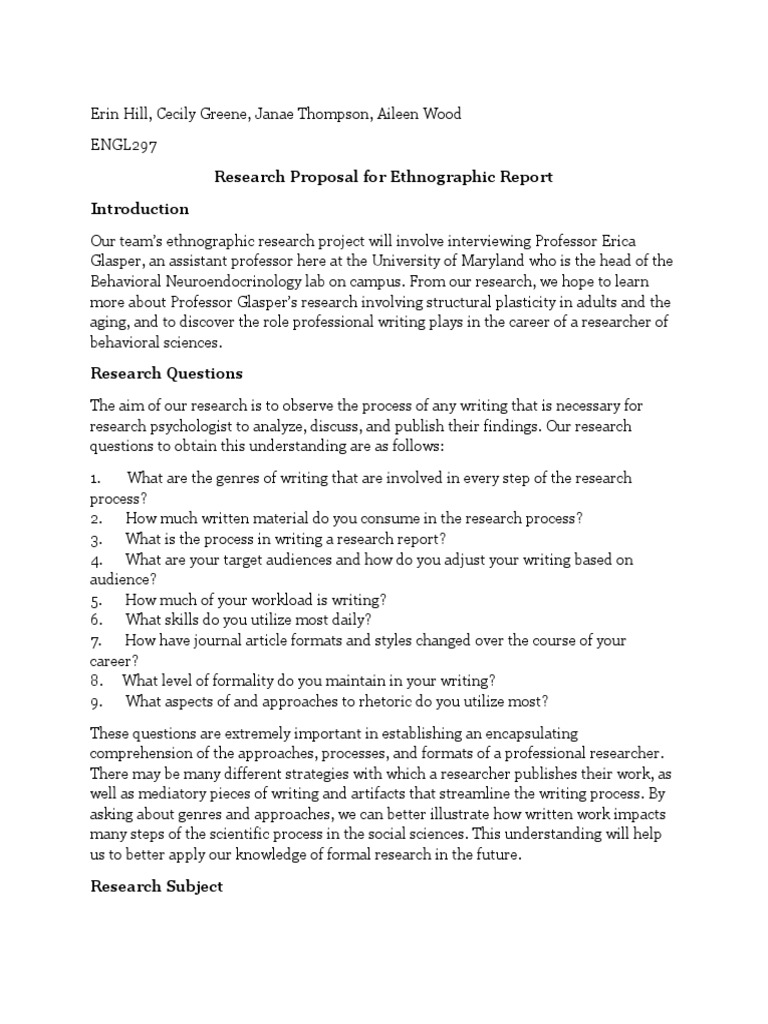 Research Proposal For Ethnographic Report | PDF