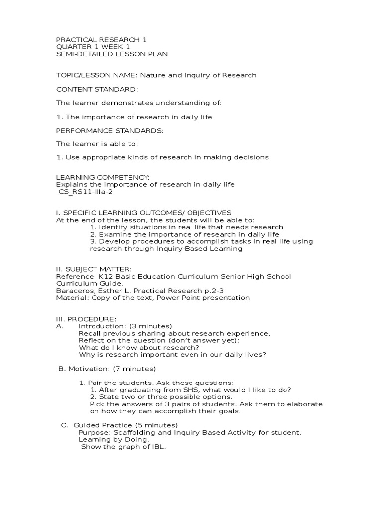 Practical Research SEmi Detailed Lesson Plan | PDF | Inquiry Based ...
