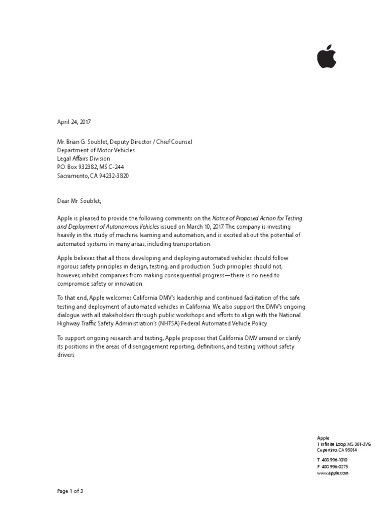 Apple DMV Letter | Department Of Motor Vehicles | Autonomous Car