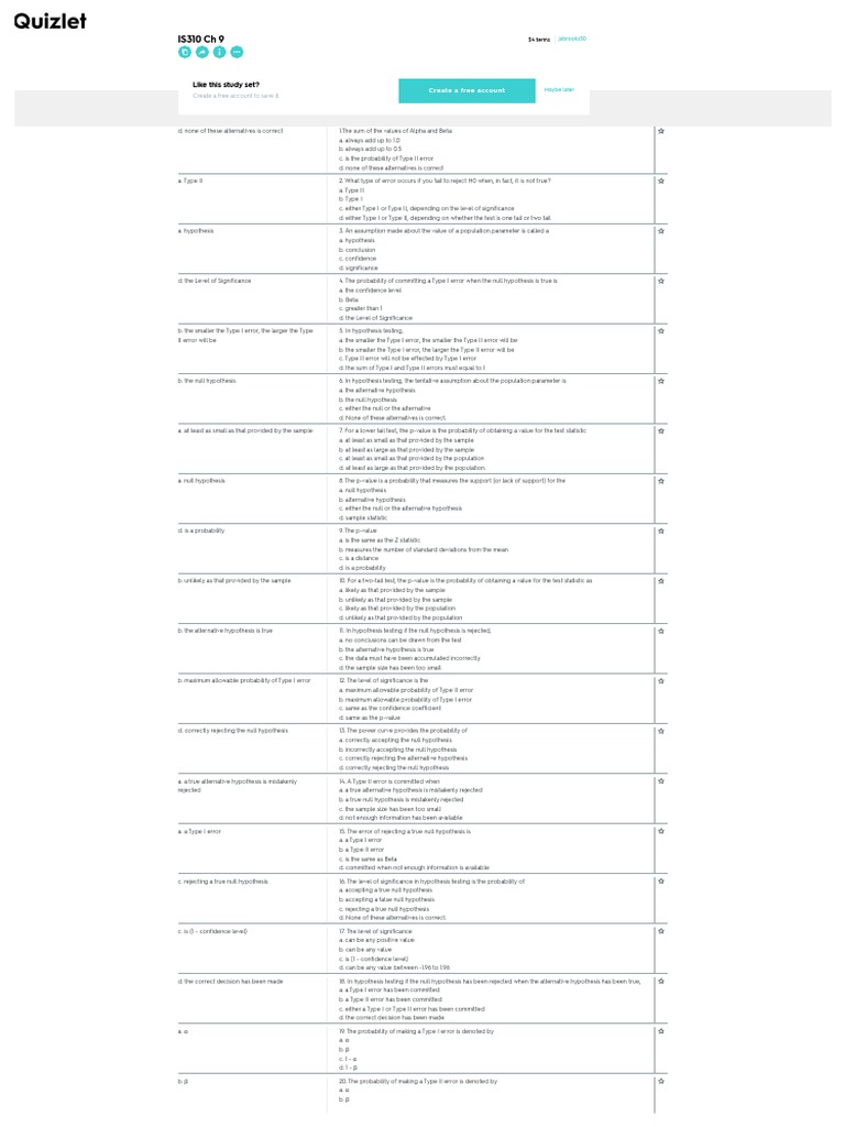 IS310 CH 9 Flashcards - Quizlet | PDF | Statistical Significance | Type I And Type Ii Errors