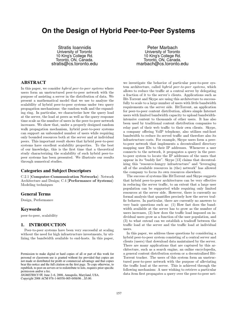On The Design of Hybrid Peer-to-Peer Systems: Stratis Ioannidis Peter Marbach | PDF | Peer To ...