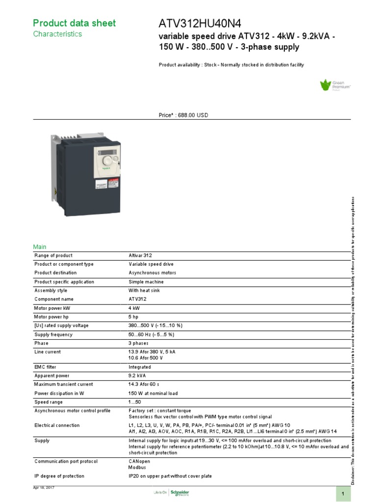 Altivar 312 Drive - ATV312HU40N4 | PDF | Electrical Impedance | Relay