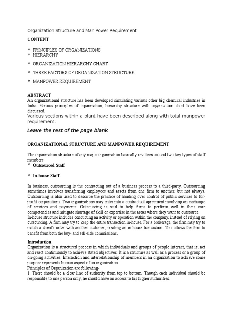 Organization Structure and Man Power Requirement | PDF | Outsourcing ...