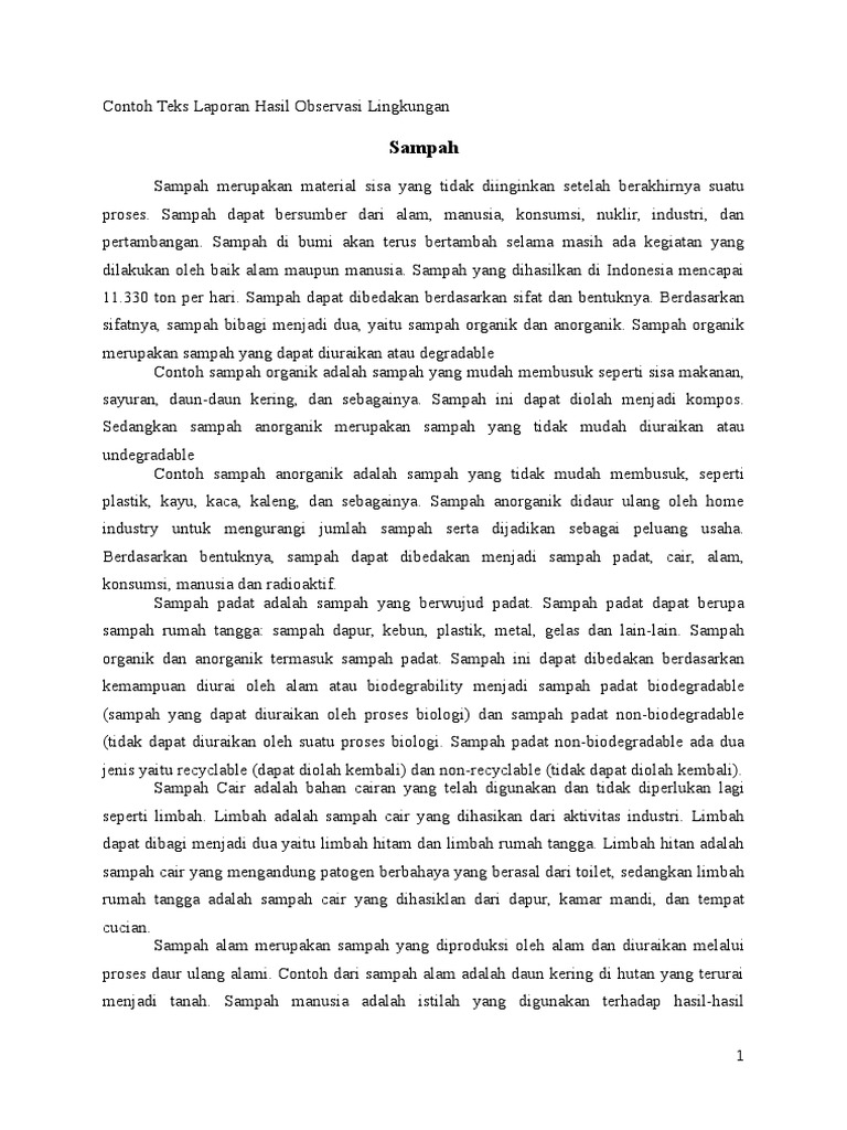 Contoh Teks Laporan Hasil Observasi Lingkungan | PDF