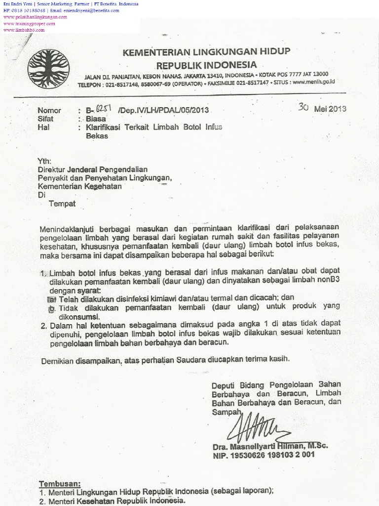 SE KemenLH Tentang Klarifikasi Terkait Limbah Botol Infus Bekas PDF | PDF