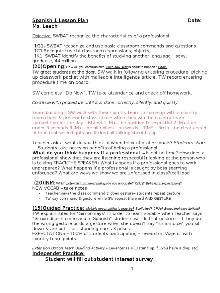 Spanish 1 Lesson Plan Date: Ms. Leach: - 1G1. SWBAT Recognize and Use ...