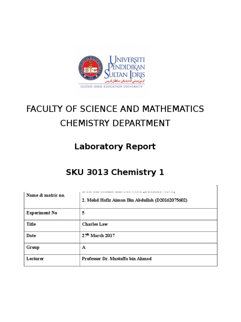 SKU3013 Lab Report Charles Law | PDF | Temperature | Gases