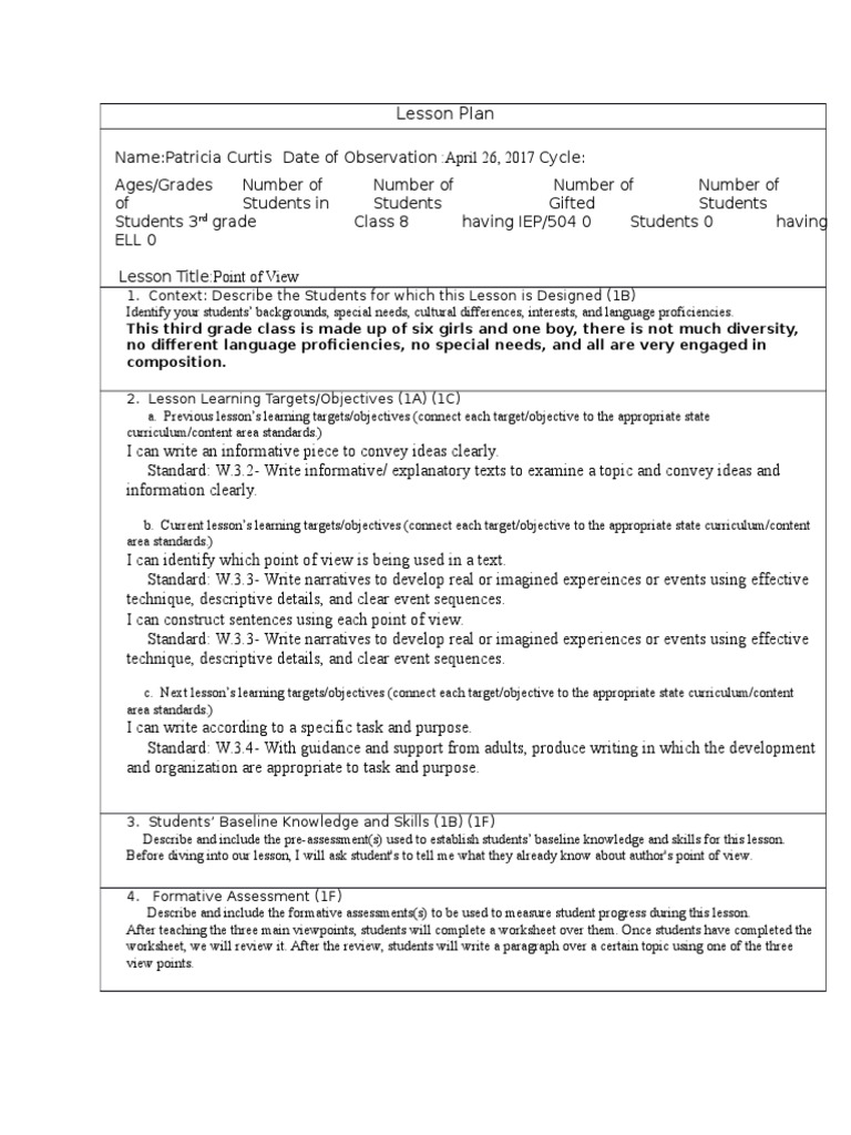 Third Grade Lesson Plan: Point of View | PDF | Educational Assessment ...