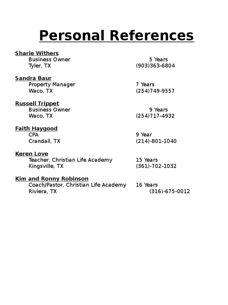 Personal References for Business Contacts | PDF