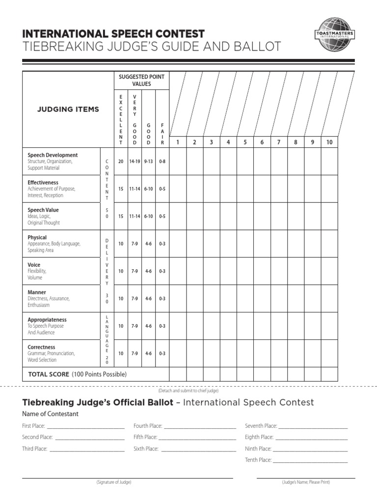 1188 International Speech Contest Tiebreaking Judges Guide and Ballot ...