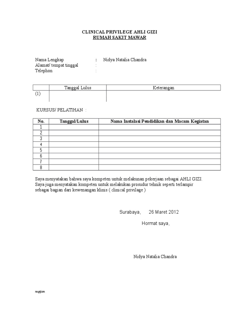 Clinical Privilege Ahli Gizi | PDF