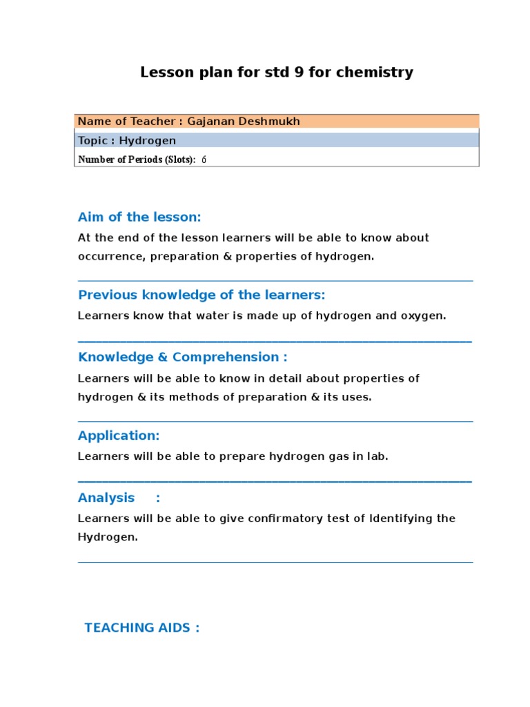 Hydrogen Lesson Plan | PDF | Science & Mathematics