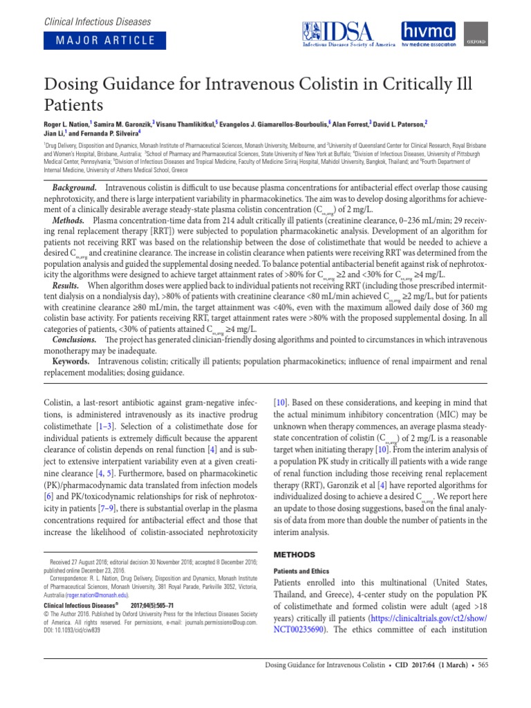 Dosing Guidance For Intravenous Colistin in Critically Ill Patients PDF ...