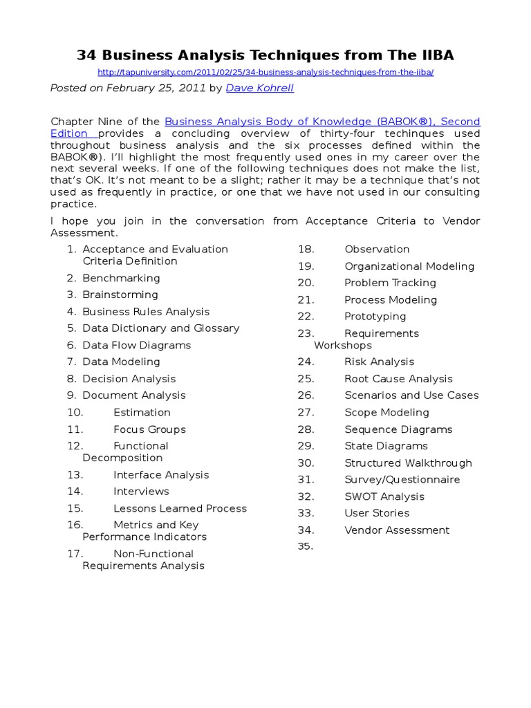 34 Business Analysis Techniques From The IIBA | PDF