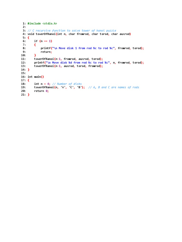 C Recursive Function To Solve Tower of Hanoi Puzzle: #Include | PDF