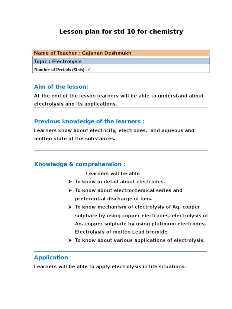 Electrolysis Lesson Plan for Grade 10 | PDF