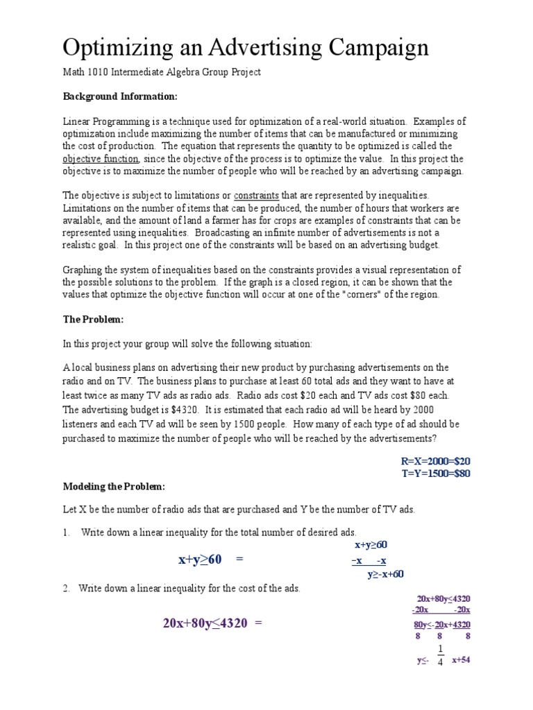 Math 1010 Project 1 Ads Project | PDF | Mathematical Optimization | Linear Programming