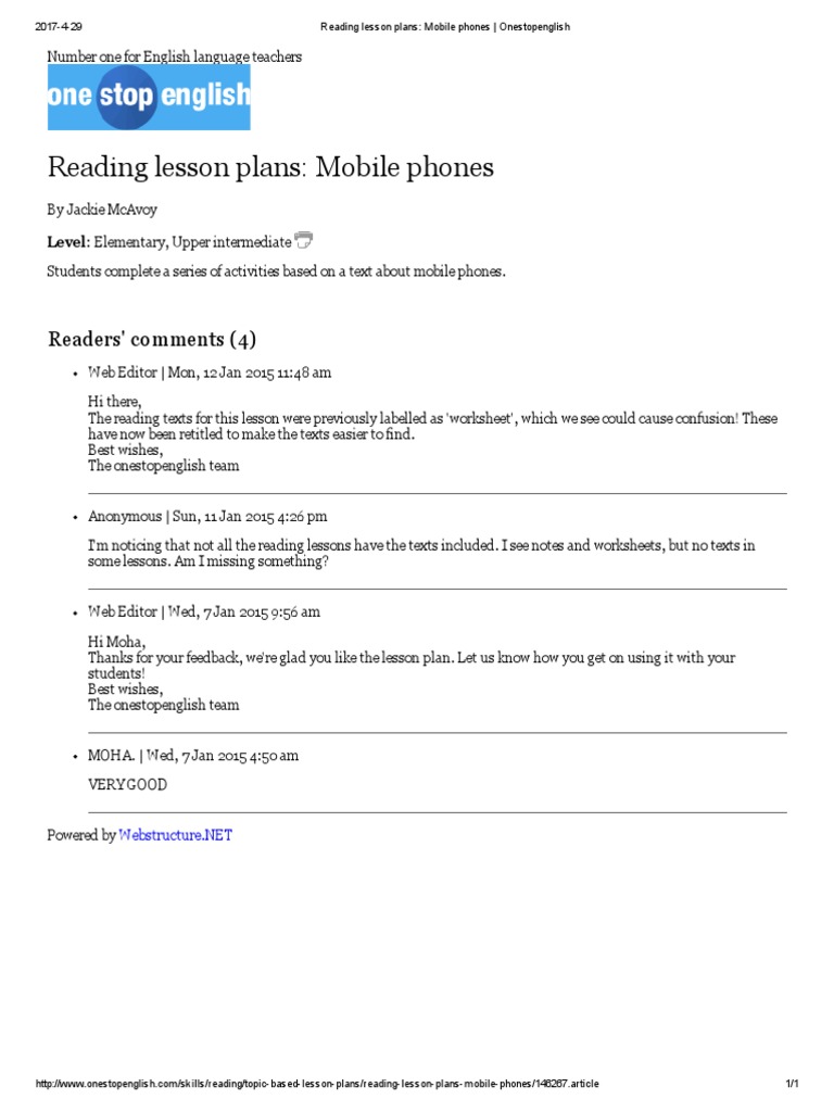 Reading Lesson Plans - Mobile Phones - Onestopenglish | PDF