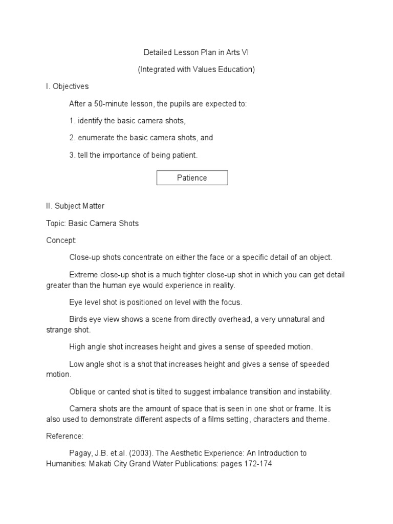 Basic Camera Shots Lesson Plan VI | PDF | Camera | Exposure (Photography)
