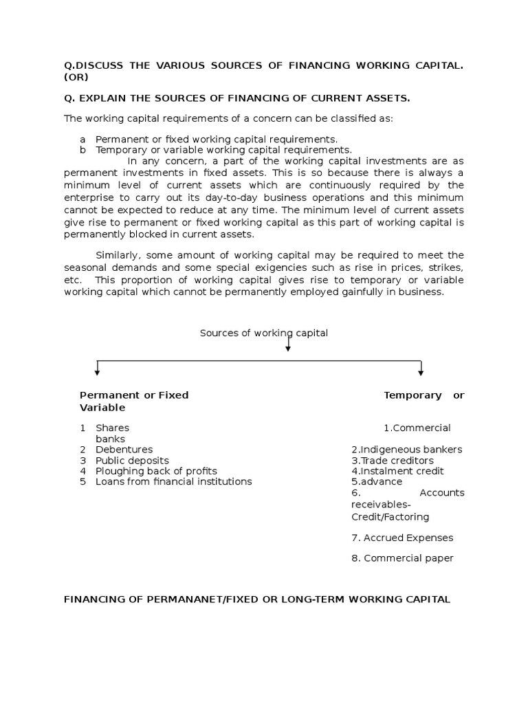 Q.Discuss The Various Sources of Financing Working Capital. (OR) Q ...