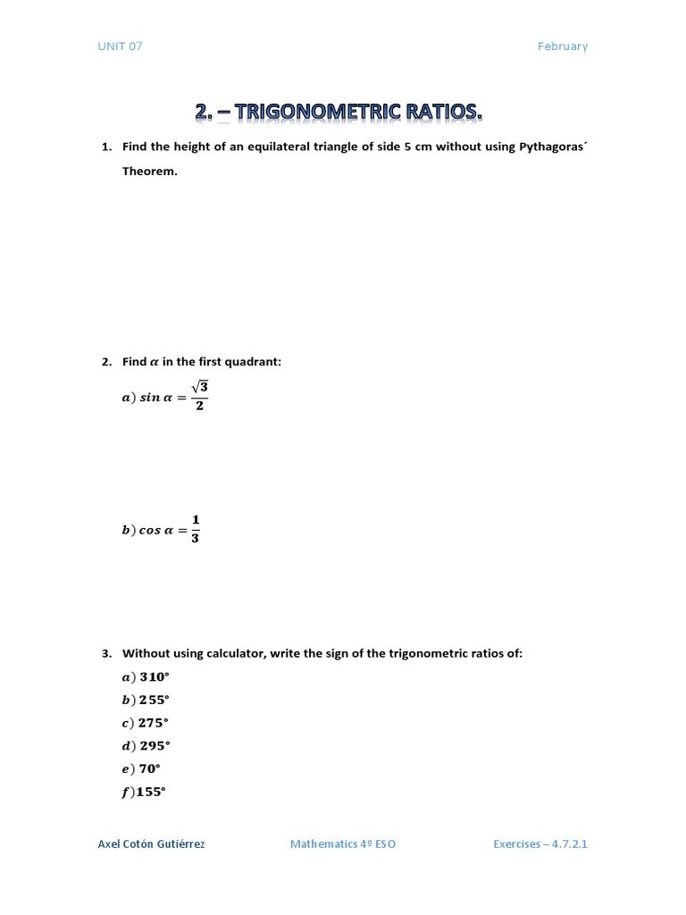 4 ESO Academics - Unit 07 - Exercises 4.7.2 - Trigonometric Ratios. | PDF