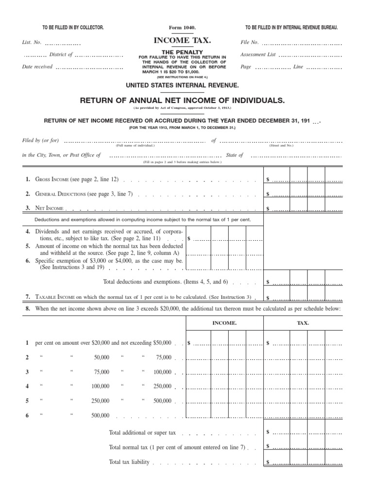 1913 IRS 1040 Form | PDF | Tax Deduction | Internal Revenue Service